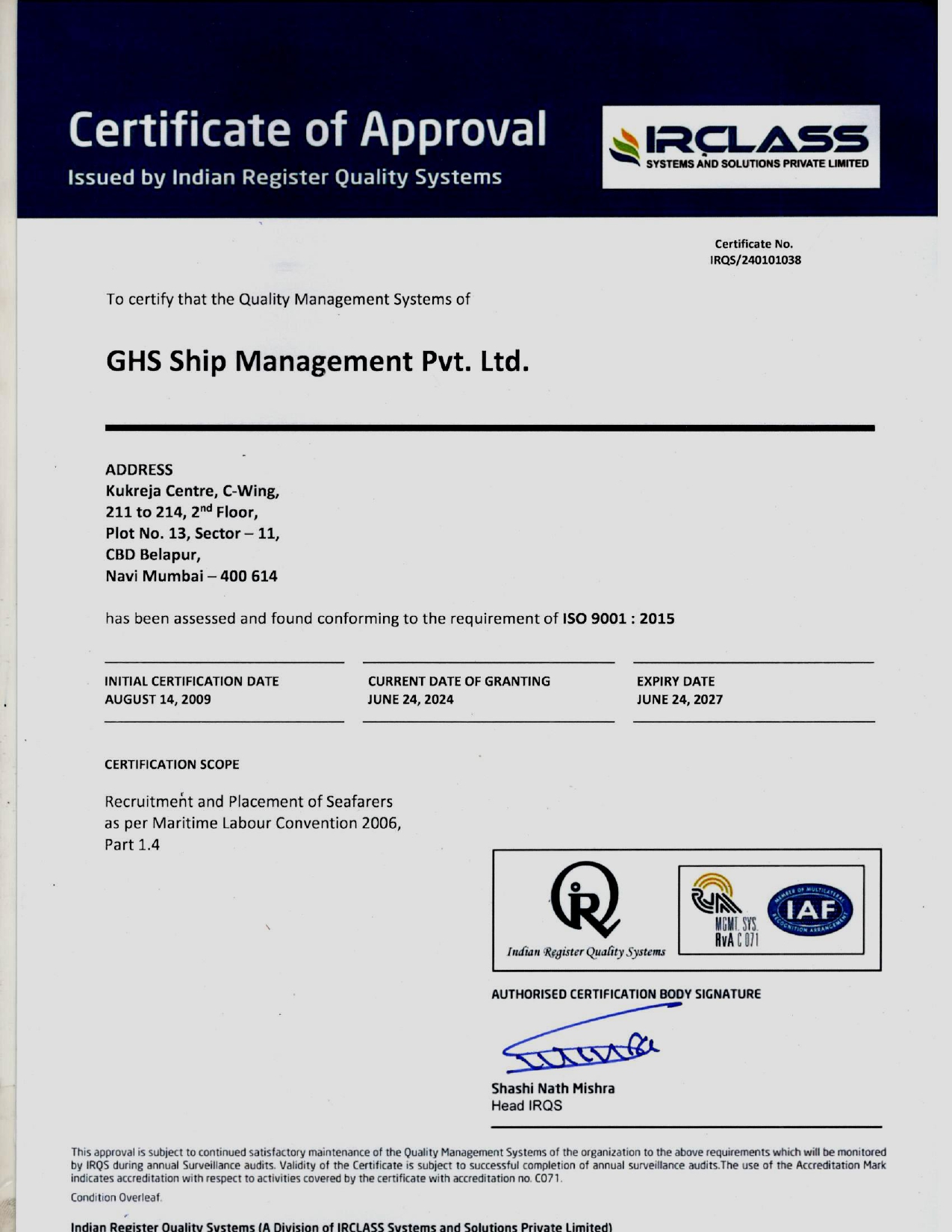 Certificates | GHS Ship Managment Pvt. Ltd.